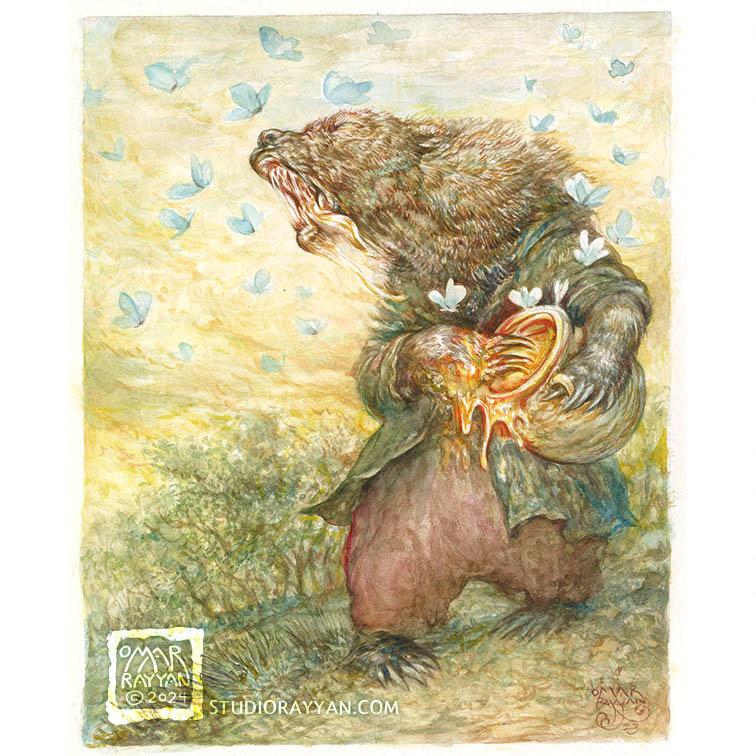Bear and Butterflies, watercolor painting by Omar Rayyan | Studio Rayyan